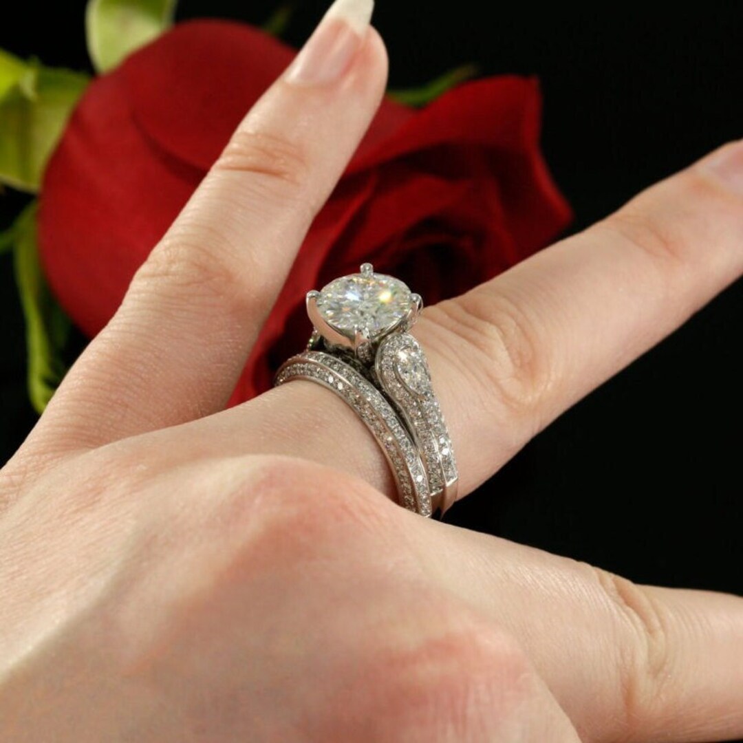 Lab Grown Diamond Engagement Ring Set: 2.8ct Pear, Pave Band, 14K White ...