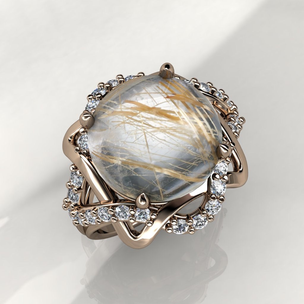 Diamond Cocktail Ring with Round Genuine Rutilated Quartz | Etsy