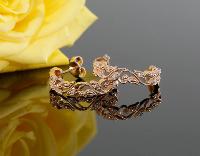 Diamond Earrings in 14k Rose Gold Half Hoop Flower and Leaf - Etsy