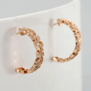 Diamond Earrings in 14k Rose Gold, Half Hoop, Flower and Leaf Design ...