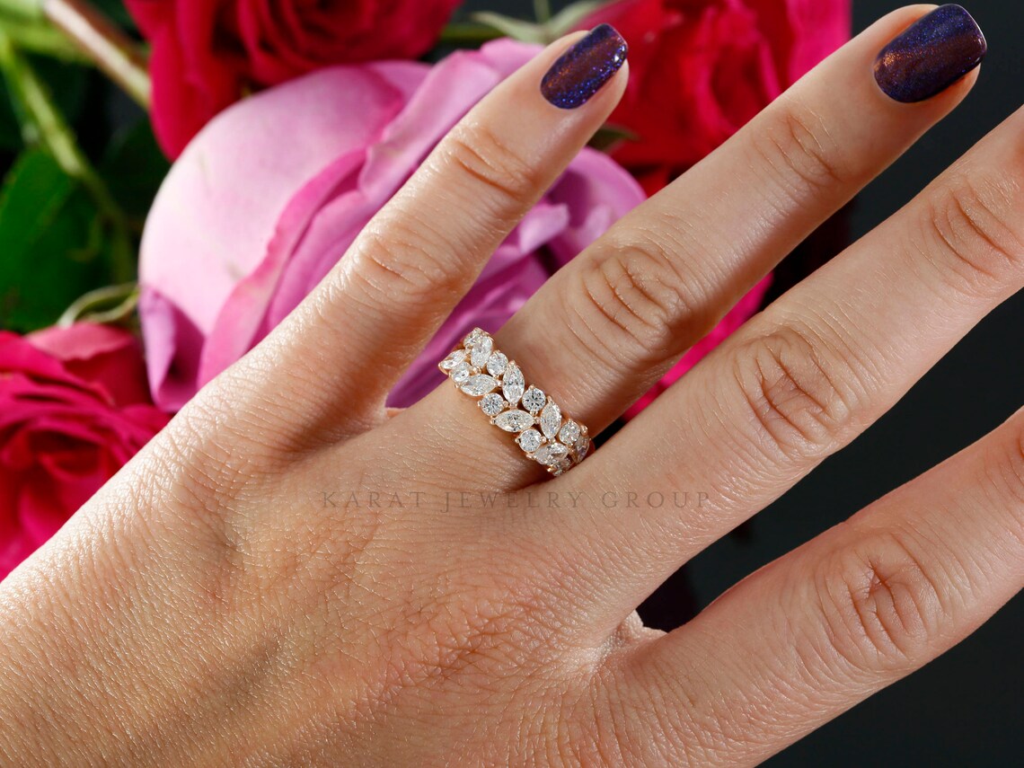 Marquise and Round Diamond Wedding Band in 14K Rose Gold Wide | Etsy