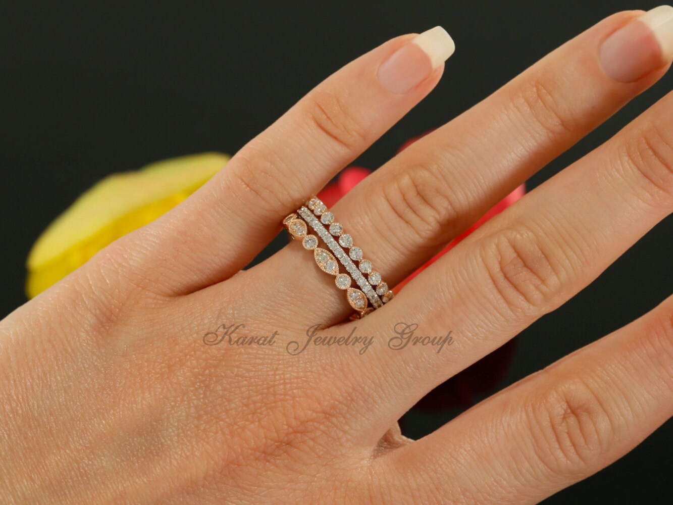 Set of 3 Wedding Bands With Milgrain Design in 14k Rose Gold - Etsy