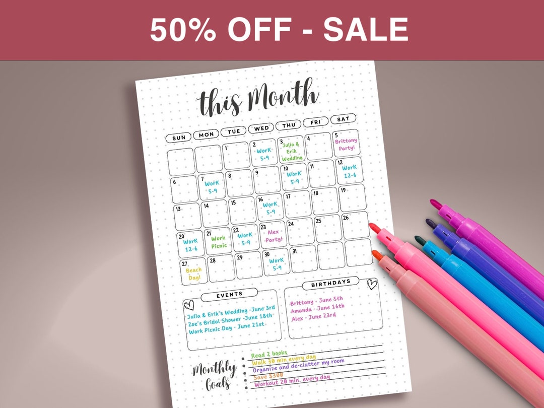 Monthly Calendar, A5 Journal Page, Monthly Planner Insert, Printable ...