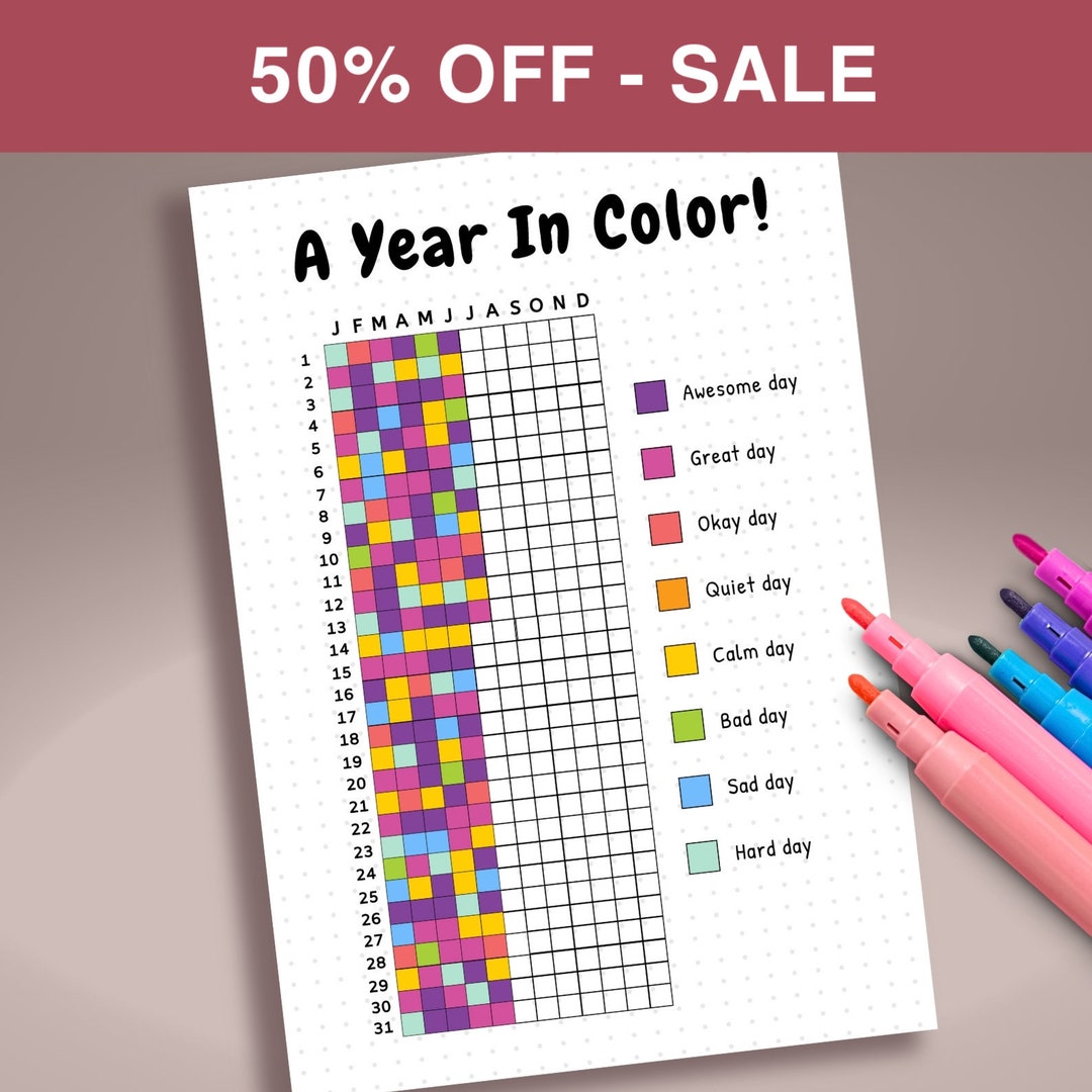 Printable Yearly Tracker, A5 Bullet Journal Page, Year in Pixels, Daily ...