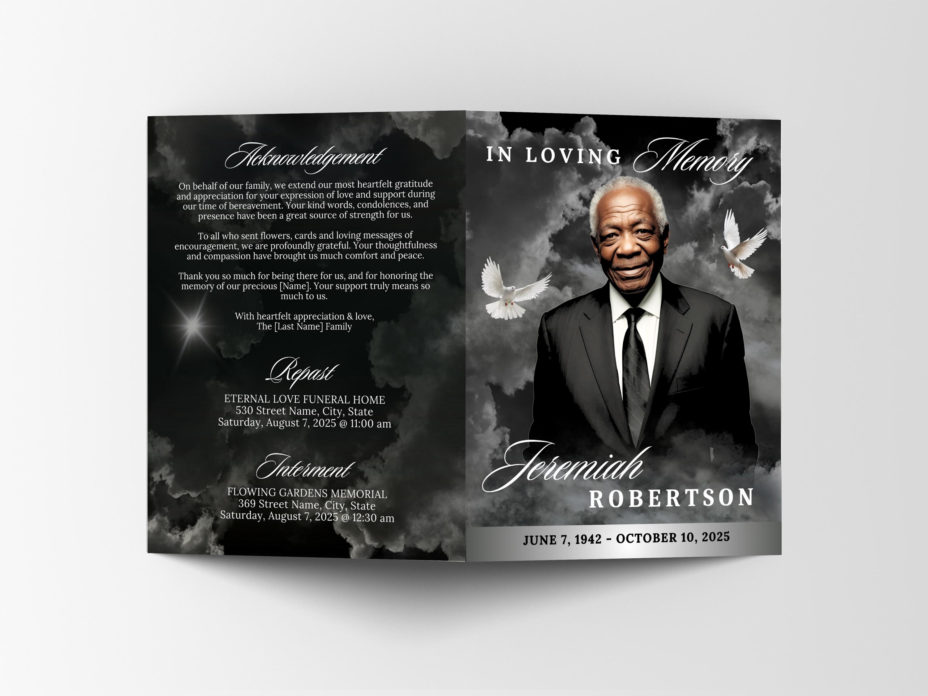 8 Page Black Silver Funeral Program Template, 17x11 Obituary Program ...