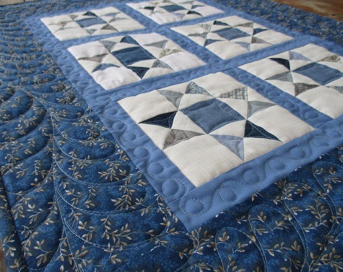 Blue Patchwork Quilt, Scrappy Star Mini Quilt, Blue Doll Quilt, Small ...