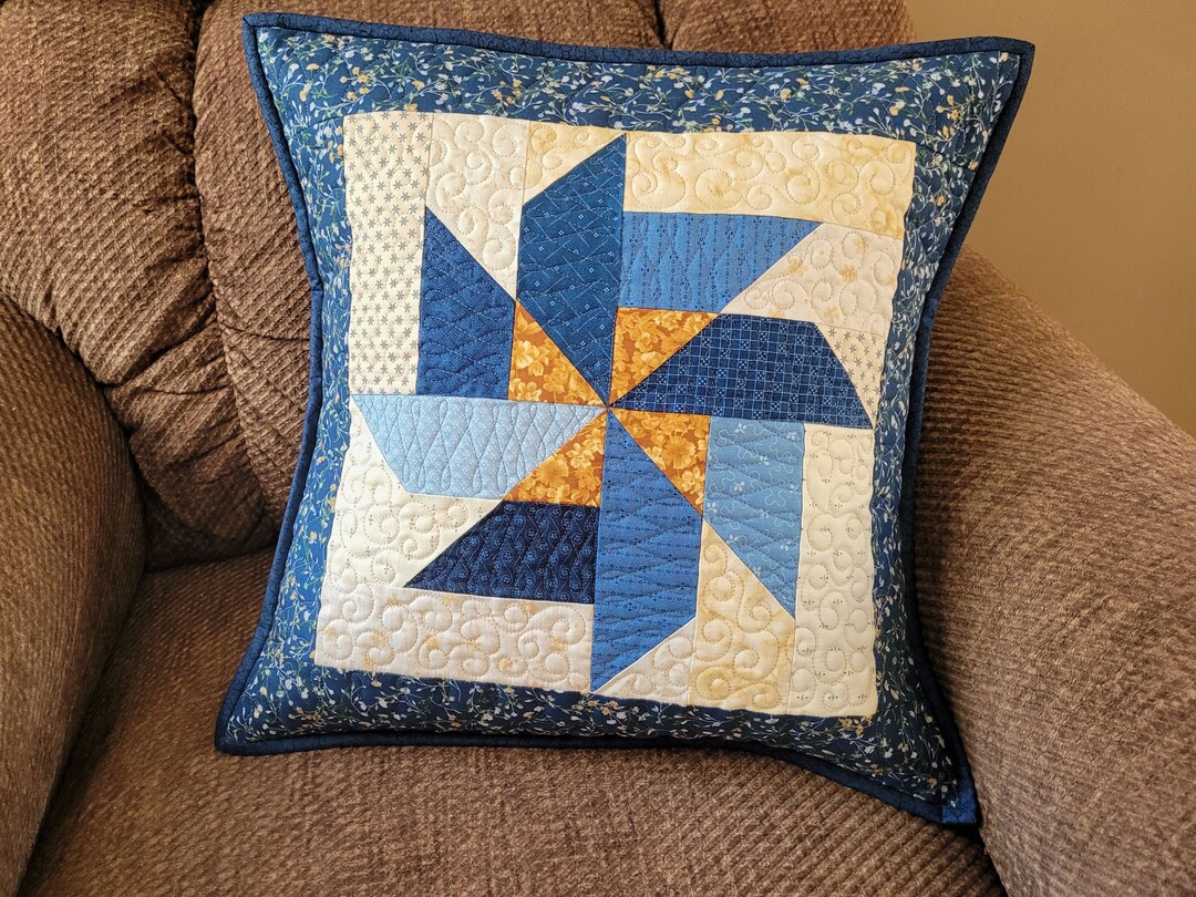Blue Patchwork Pillow | Scrappy Pinwheel Quilted Sofa Throw Cushion - Etsy