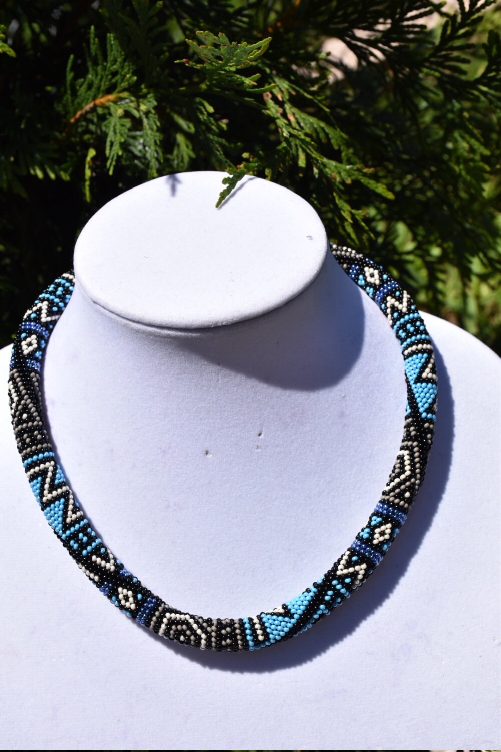 Lariat, Blue White Black Seed Bead Necklace, Crochet Bead Rope, Gerdan ...