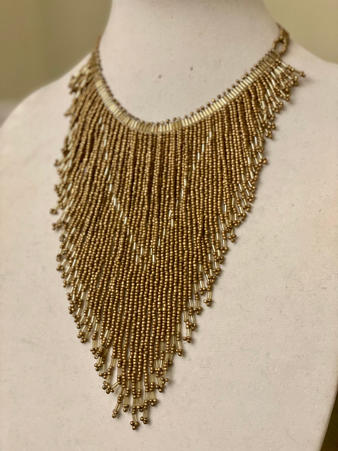 Golden Waterfall Beaded Necklace and Earrings, Seed Bead Necklace, Bib ...