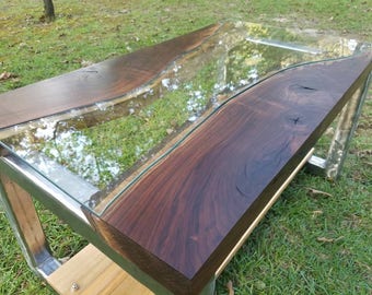 Double Waterfall River Table With Shelf Underneath. Live Edge - Etsy