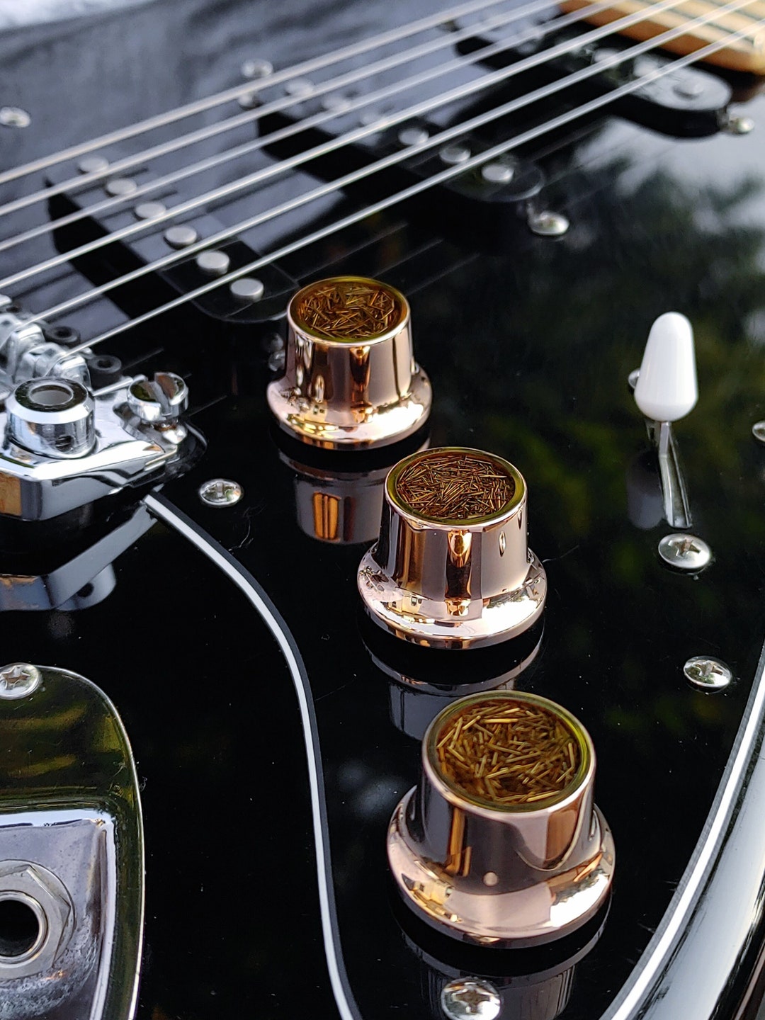 Custom Guitar Knob Set, Handmade, Bronze, With Aged Bronze Shaving Inlay, Set for Strat Style ...