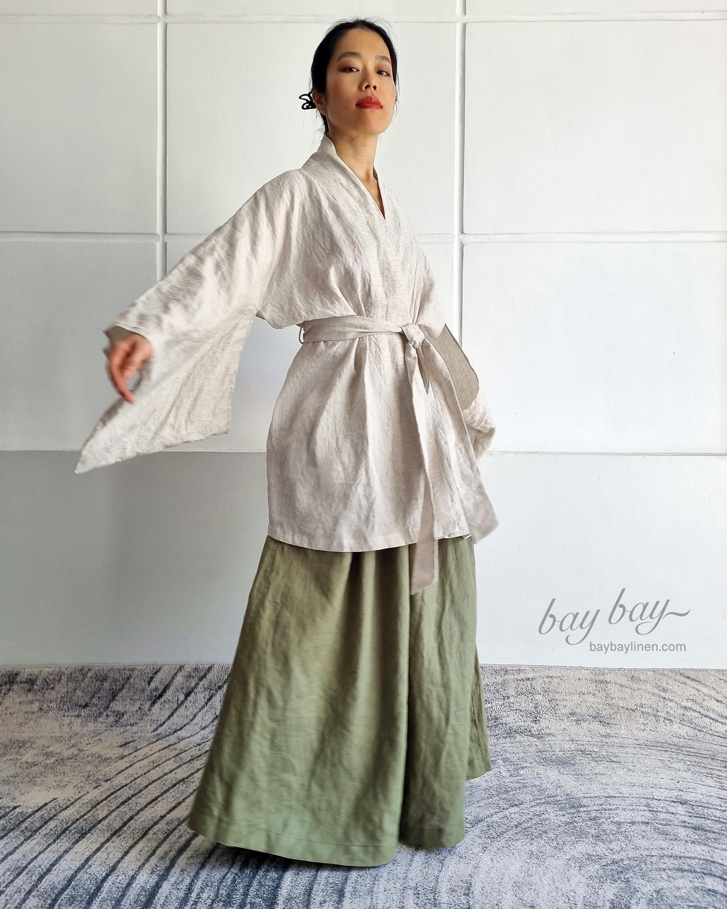 100% Linen Kimono With Belt, Japanese Kimono, Handmade Yukata, Loose ...