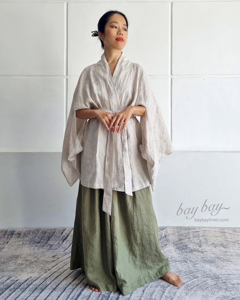 100% Linen Kimono With Belt, Japanese Kimono, Handmade Yukata, Loose ...