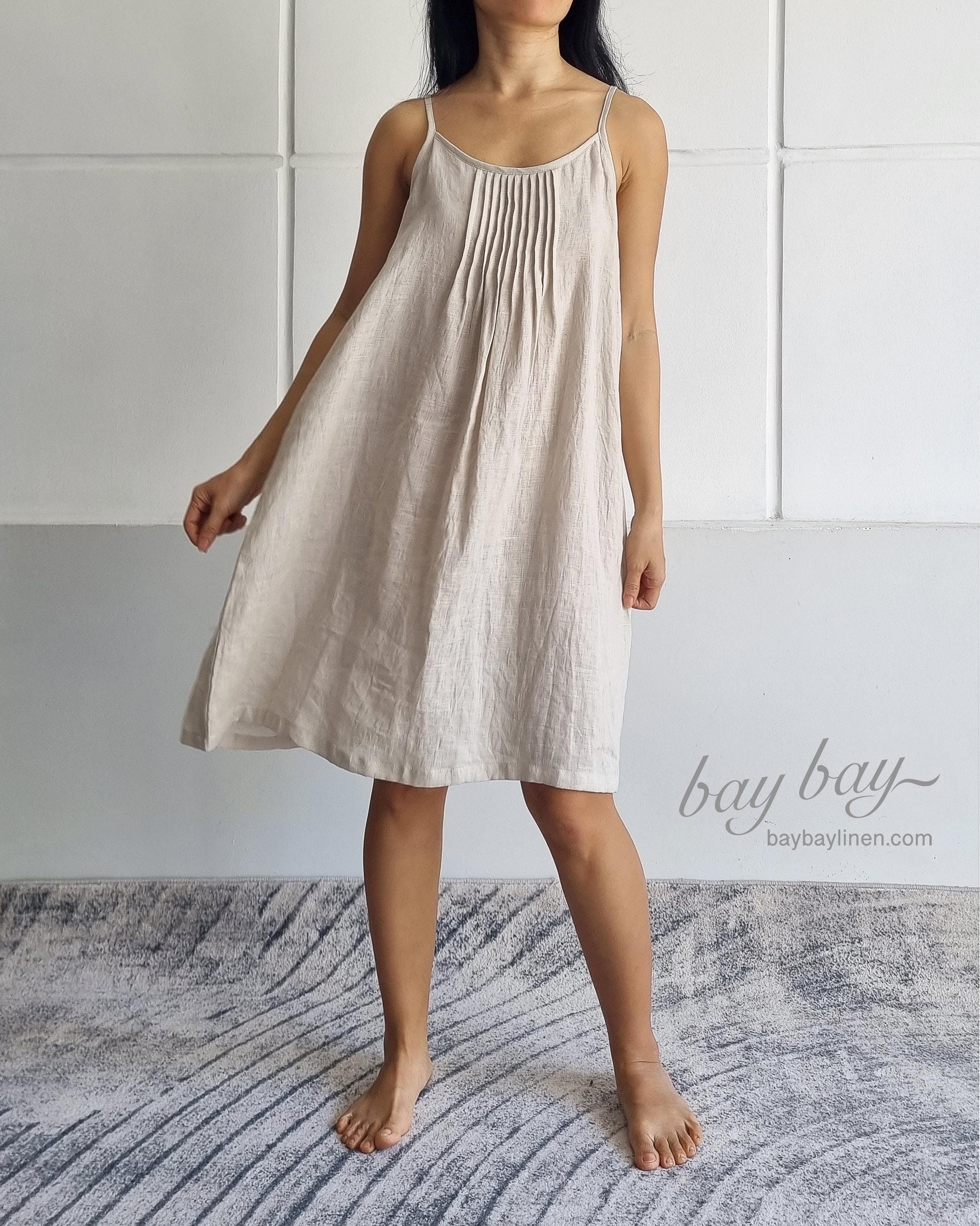 100% Linen Mini Dress With Pleats & Straps, A-line Dress Lounge Wear ...