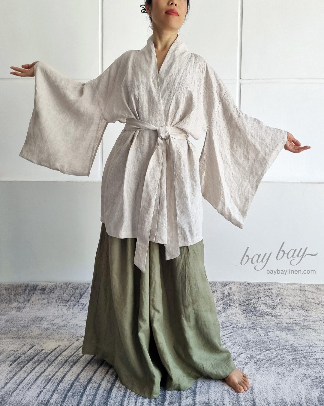 100% Linen Kimono With Belt, Japanese Kimono, Handmade Yukata, Loose ...