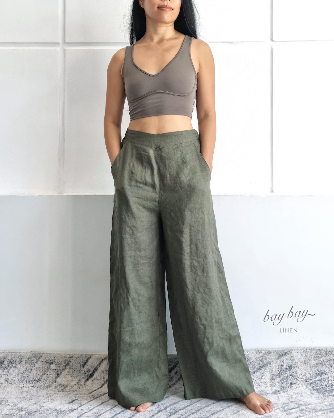 READY TO SHIP- 100% Linen Pants in Dark Olive With Pockets, Wide Legs ...