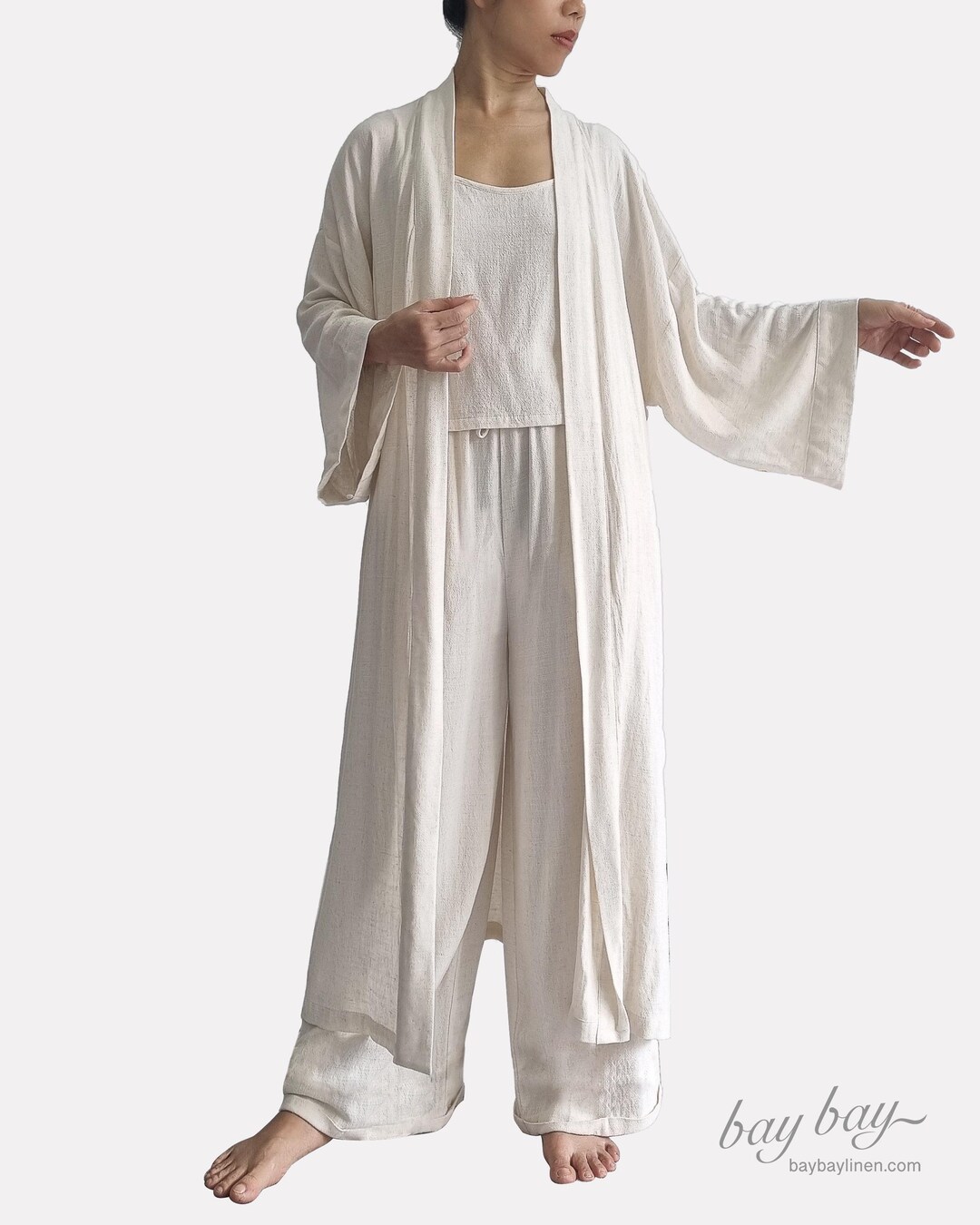 Pure Linen 3-piece Set With Long Kimono, Top & Pants, Loose Oversize ...