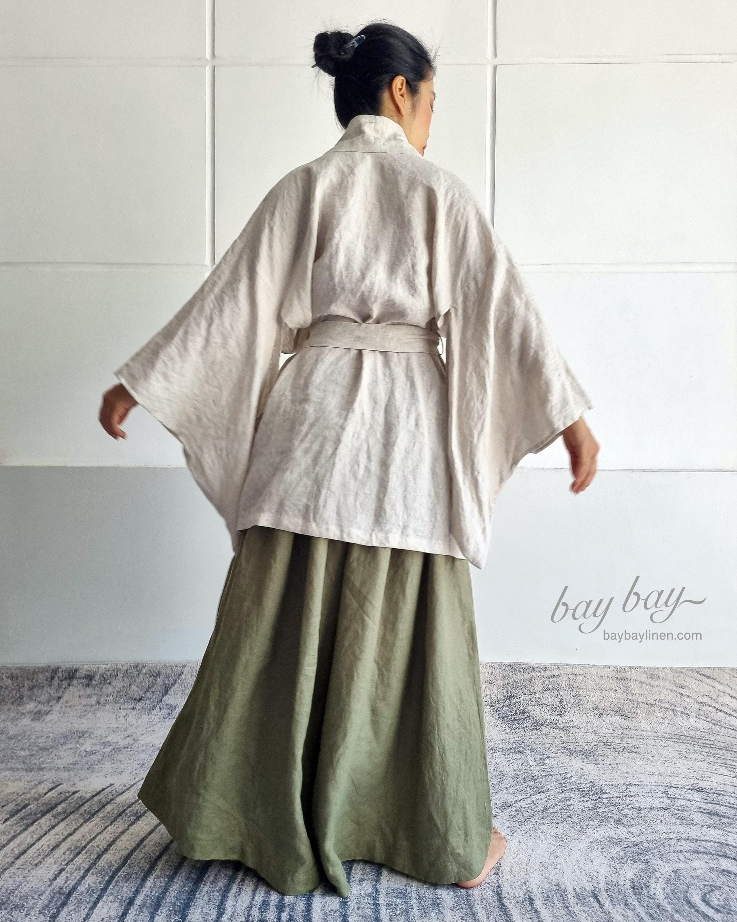 100% Linen Kimono With Belt, Japanese Kimono, Handmade Yukata, Loose ...
