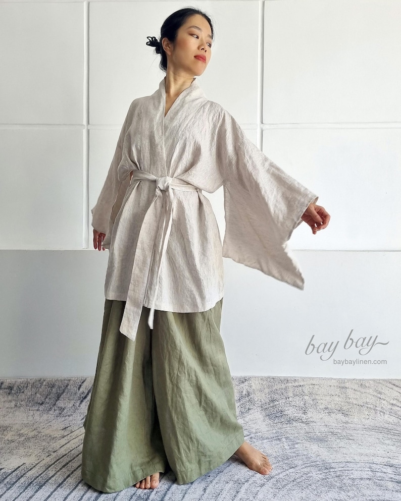 100% Linen Kimono With Belt, Japanese Kimono, Handmade Yukata, Loose ...