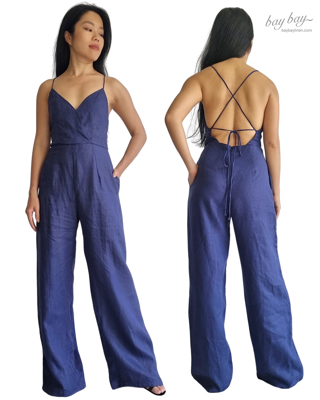 100% Linen Jumpsuit Open Back With Straps & Pockets, Sexy Chic Jumpsuit ...