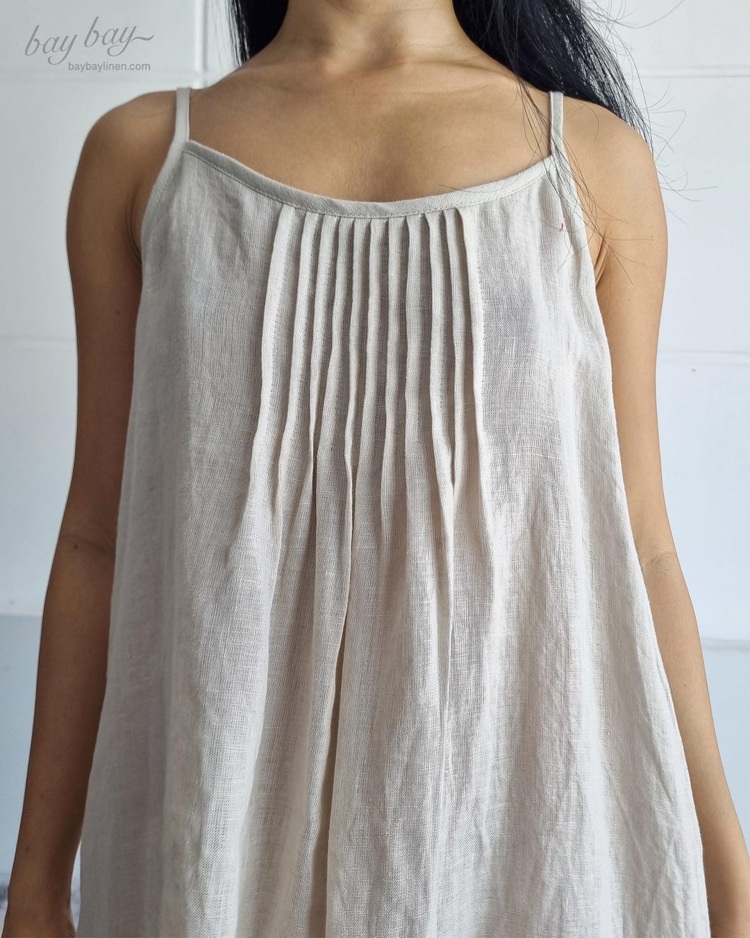100% Linen Mini Dress With Pleats & Straps, A-line Dress Lounge Wear ...