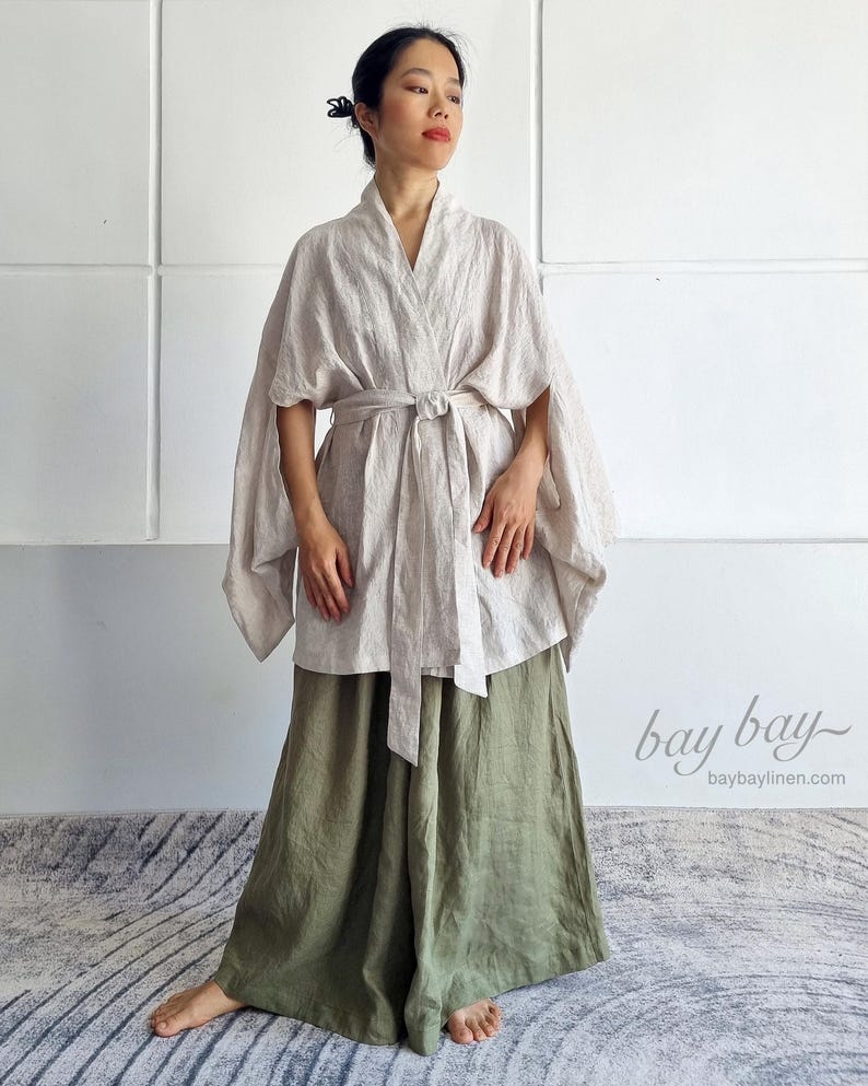 100% Linen Kimono With Belt, Japanese Kimono, Handmade Yukata, Loose ...