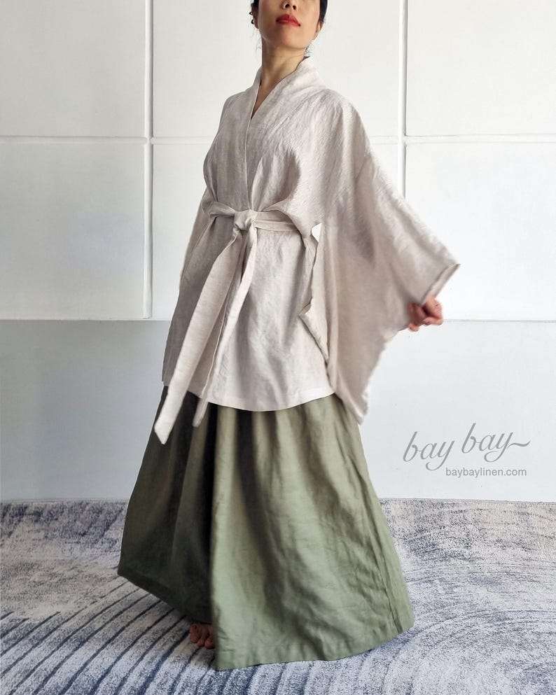 100% Linen Kimono With Belt, Japanese Kimono, Handmade Yukata, Loose ...