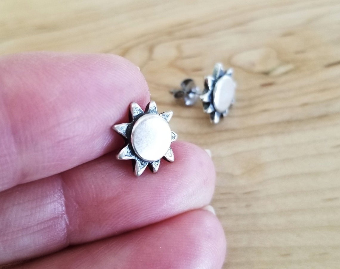 Vintage Sterling Silver Sun Stud Earrings: 3D Minimalist Design - Etsy