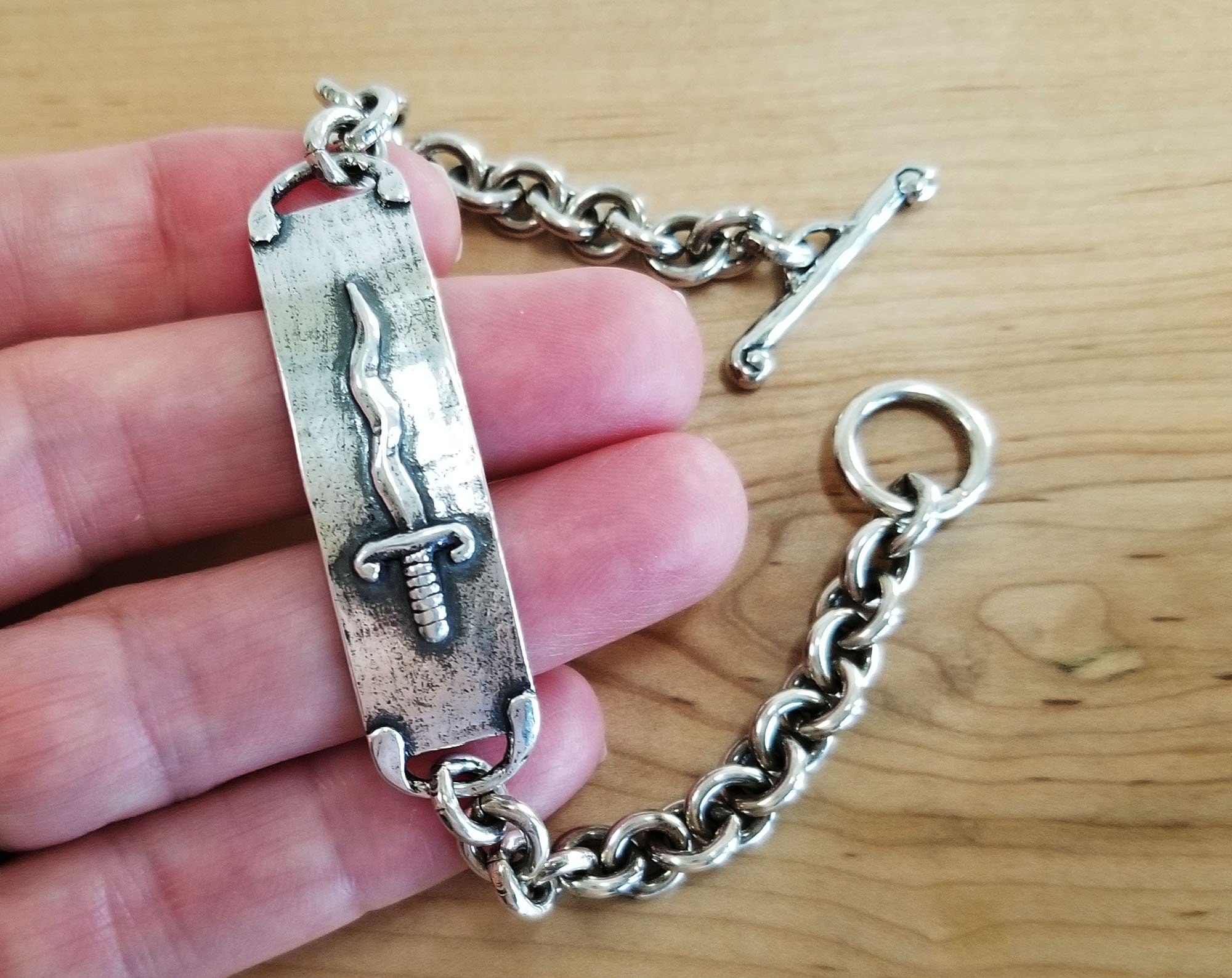 Unique Sterling Silver Dagger ID Bracelet, Chunky Chain ID Unique Sterling Silver Dagger ID Bracelet, Chunky Chain ID