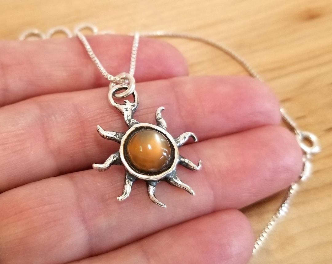 Sterling Silver Moonstone Rustic Sun Pendant Necklace, Made in U.S.A ...
