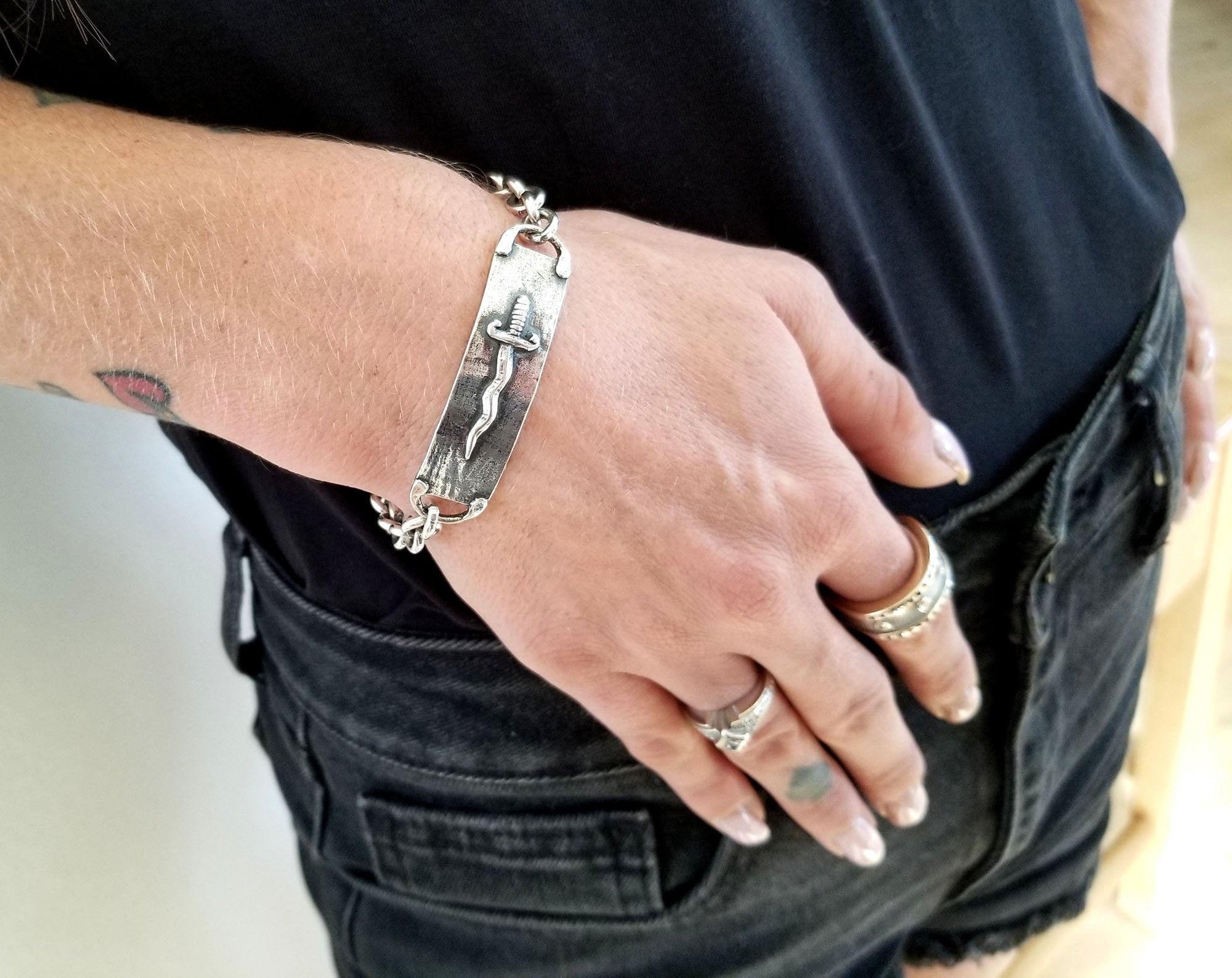 Unique Sterling Silver Dagger ID Bracelet, Chunky Chain ID Unique Sterling Silver Dagger ID Bracelet, Chunky Chain ID