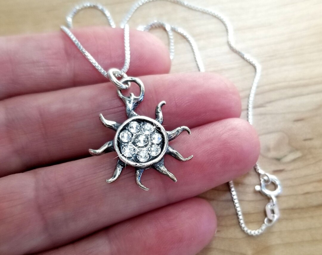 Sterling Silver Rustic Sun With Swarovski Rhinestones Charm, Necklace ...