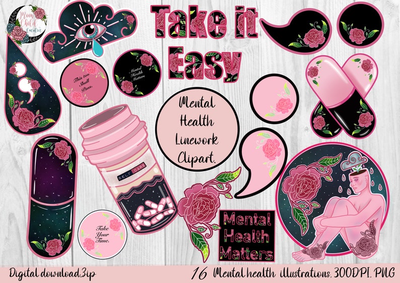 Mental Health Clipart Bundle, Self Care, 300 Dpi Transparent Background ...
