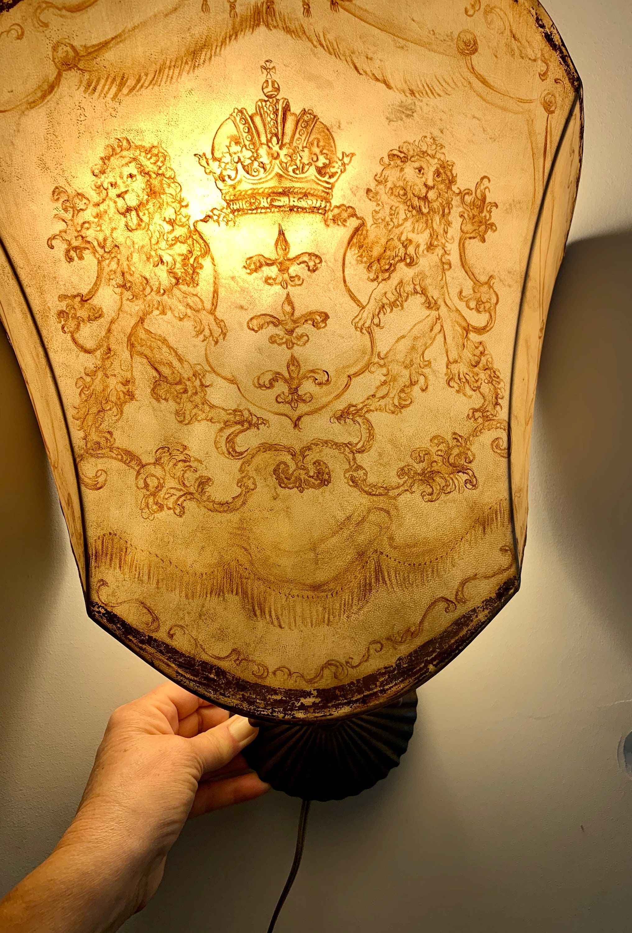 Hand Painted Leather Shield Lamp Shade With Wall Mount Backplate ...