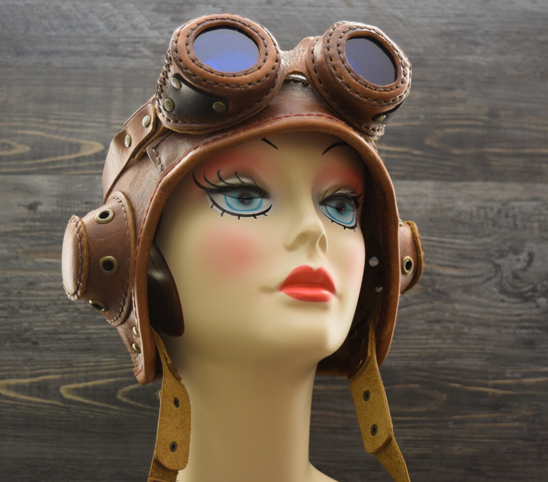 Aviator Cap Hat Leather W/ Leather Goggles, Flying Ace Amelia Earhart ...
