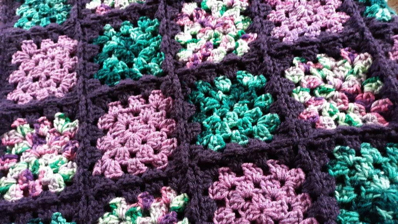 Soft Teal Purple Turquoise Throw Blanket Crocheted Granny Square Throw ...