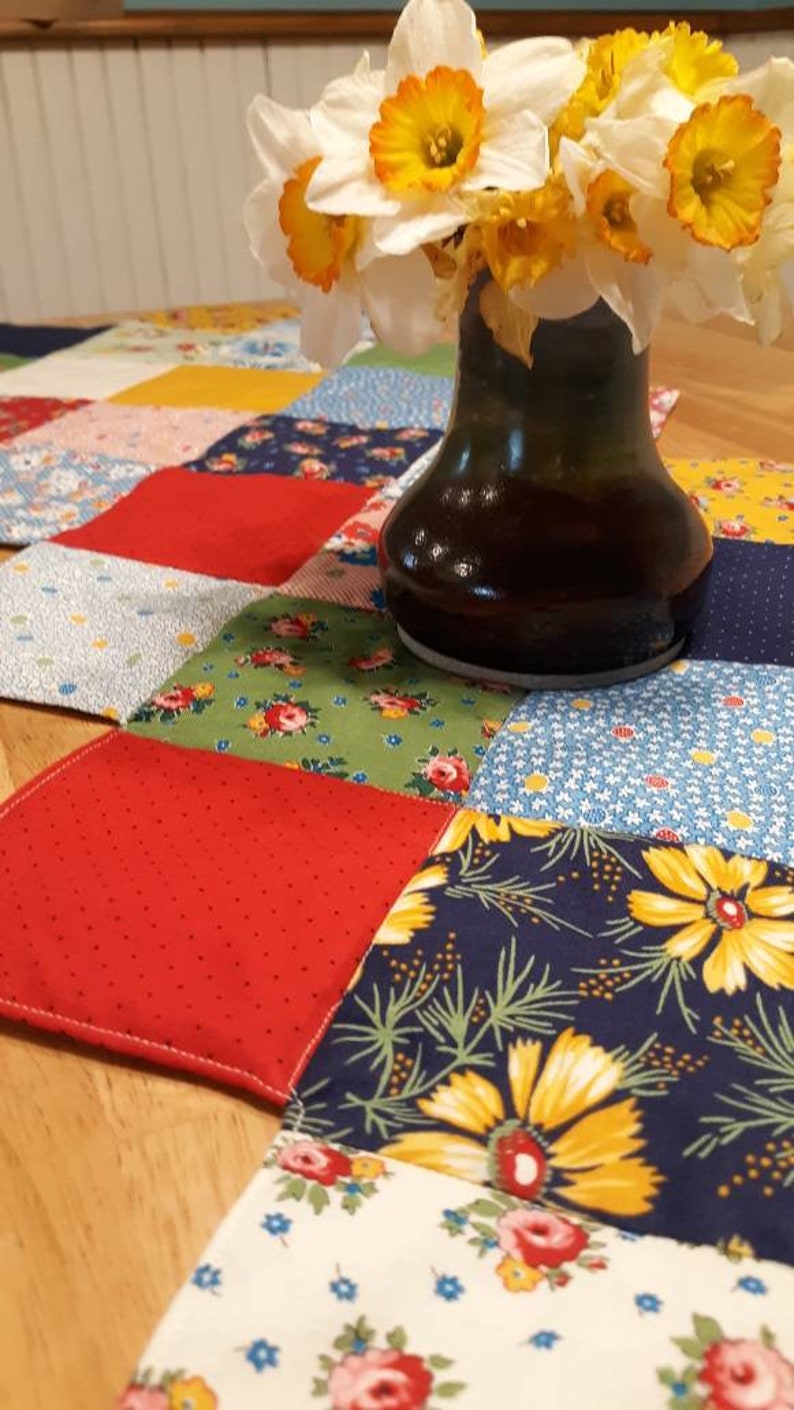 Vintage Style Fabric Quilted Table Runner With Bold Colors and Floral ...