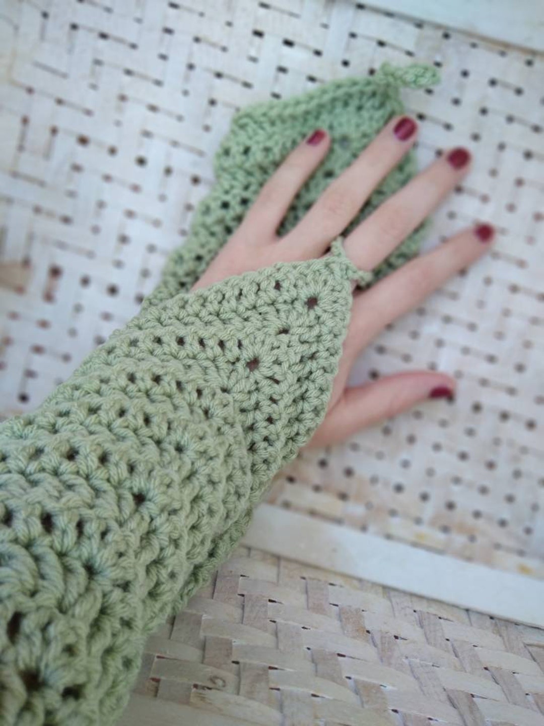 Light Sage Green Finger Loop Crocheted Arm Warmers Crocheted Wrist ...
