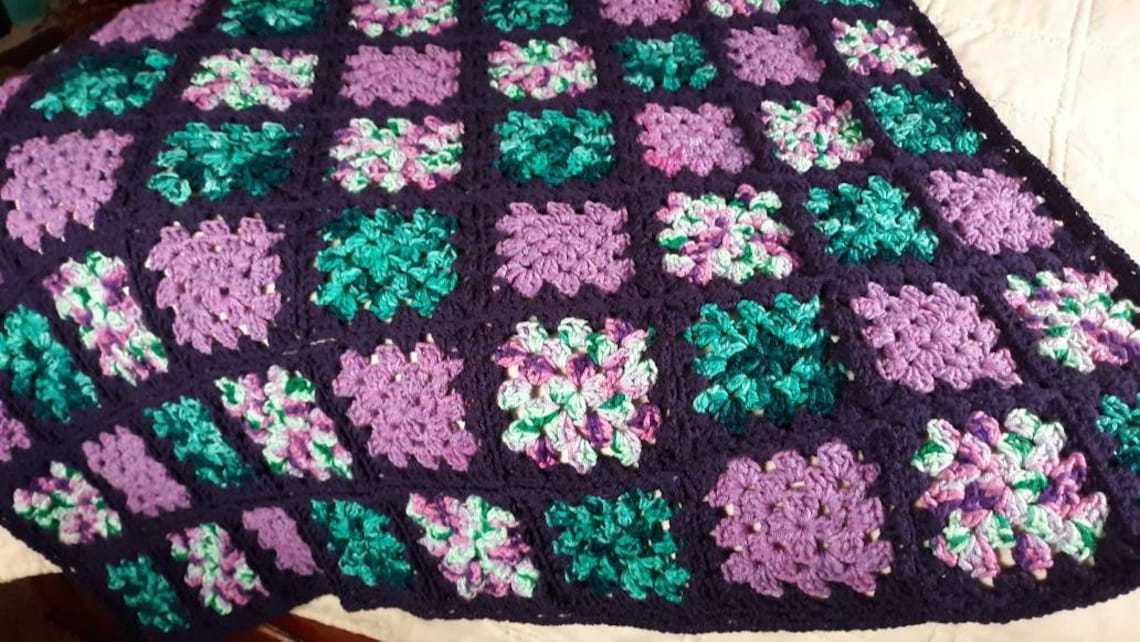 Soft Teal Purple Turquoise Throw Blanket Crocheted Granny Square Throw ...