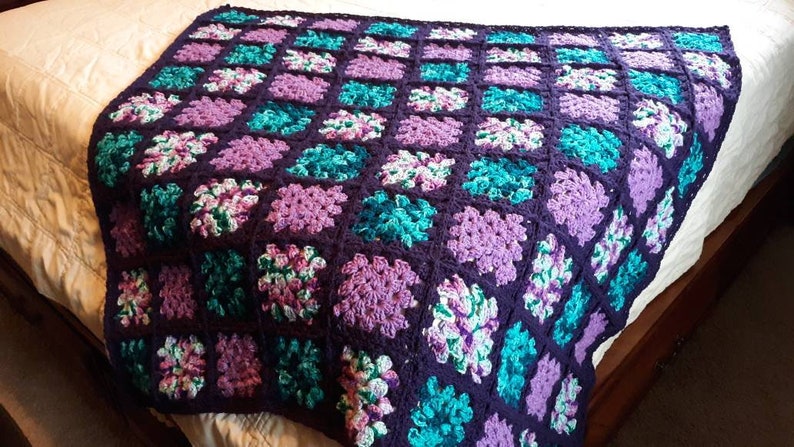 Soft Teal Purple Turquoise Throw Blanket Crocheted Granny Square Throw ...