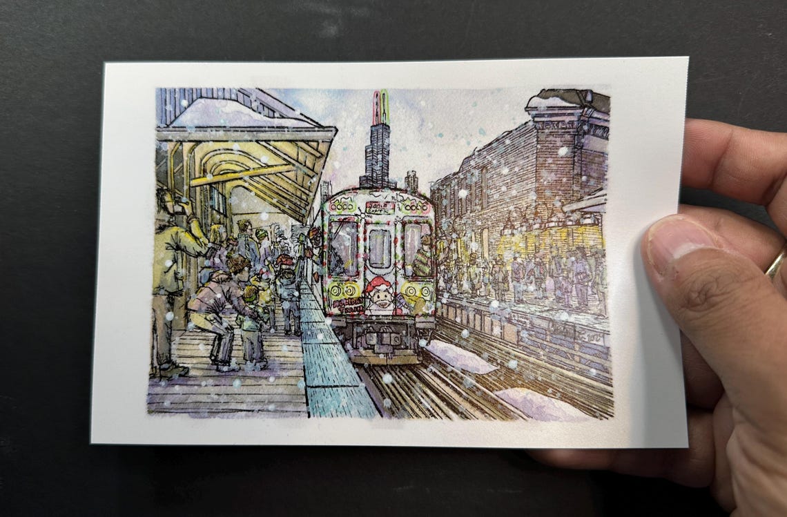 CTA L Holiday Train - Chicago Handpainted Watercolor Painting Print - Etsy