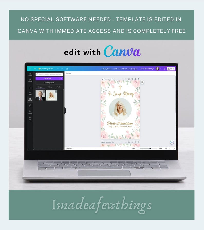 Pink Flower Border Editable Funeral Card Template, Memorial Prayer Card ...