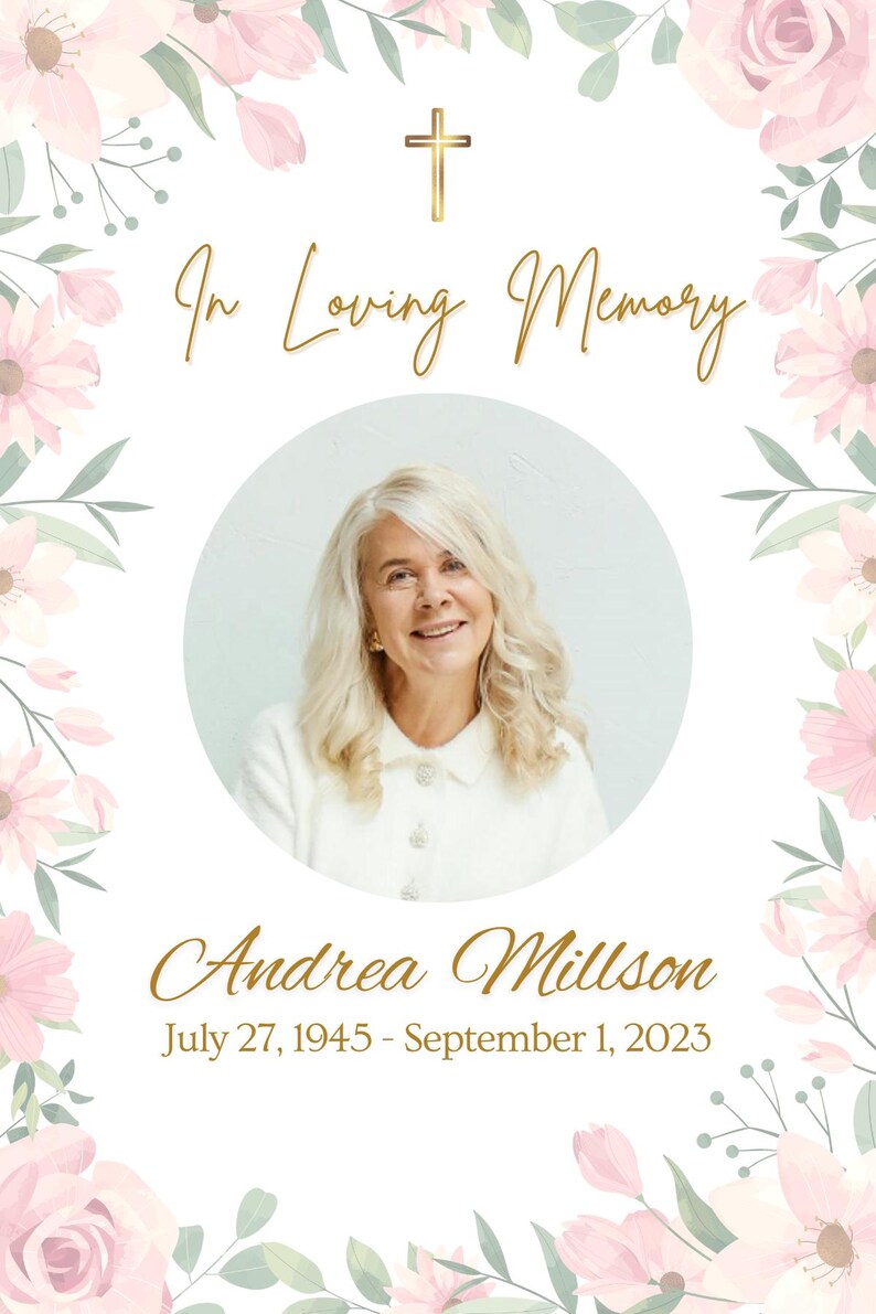 Pink Flower Border Editable Funeral Card Template, Memorial Prayer Card ...