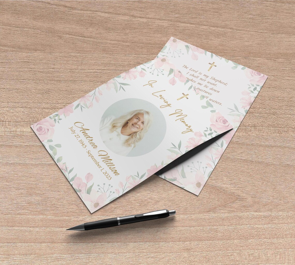 Pink Flower Border Editable Funeral Card Template, Memorial Prayer Card ...