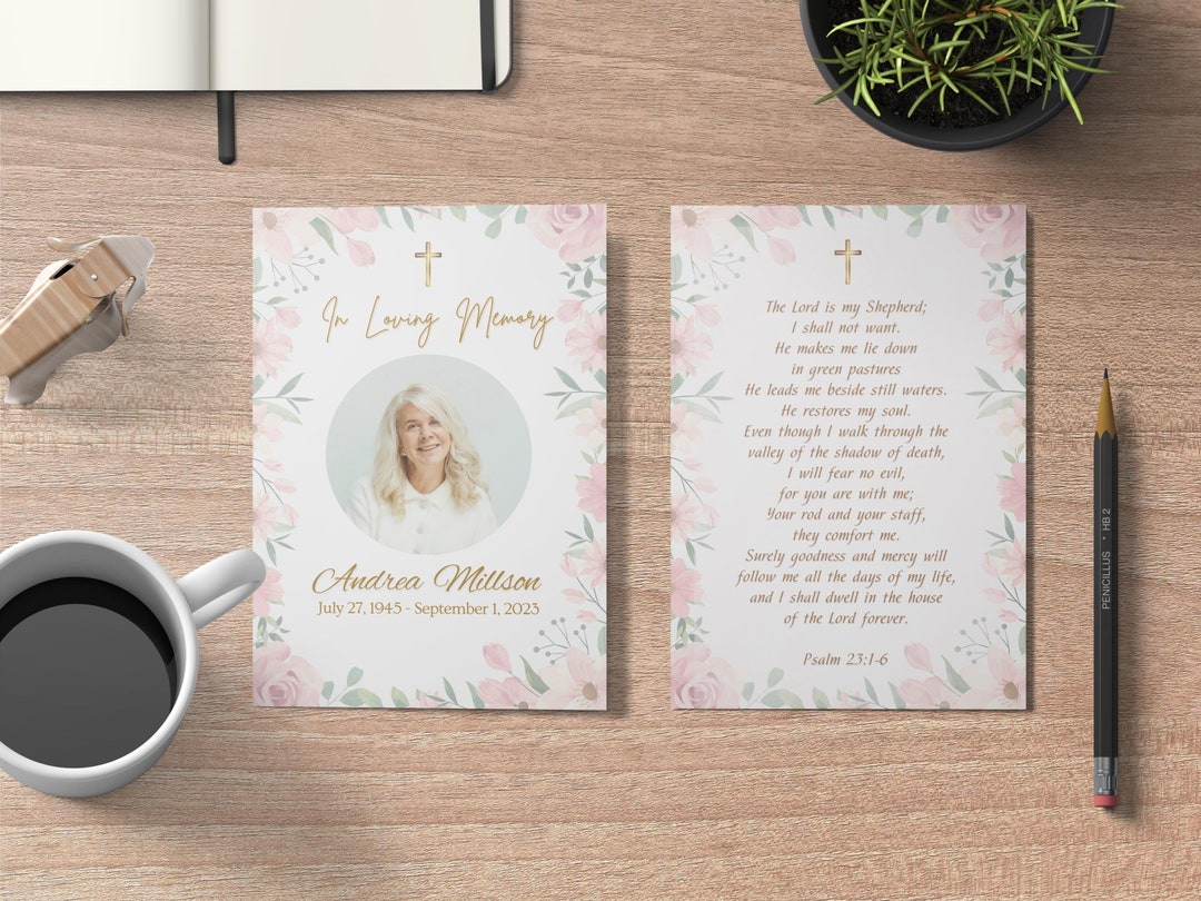 Pink Flower Border Editable Funeral Card Template, Memorial Prayer Card ...
