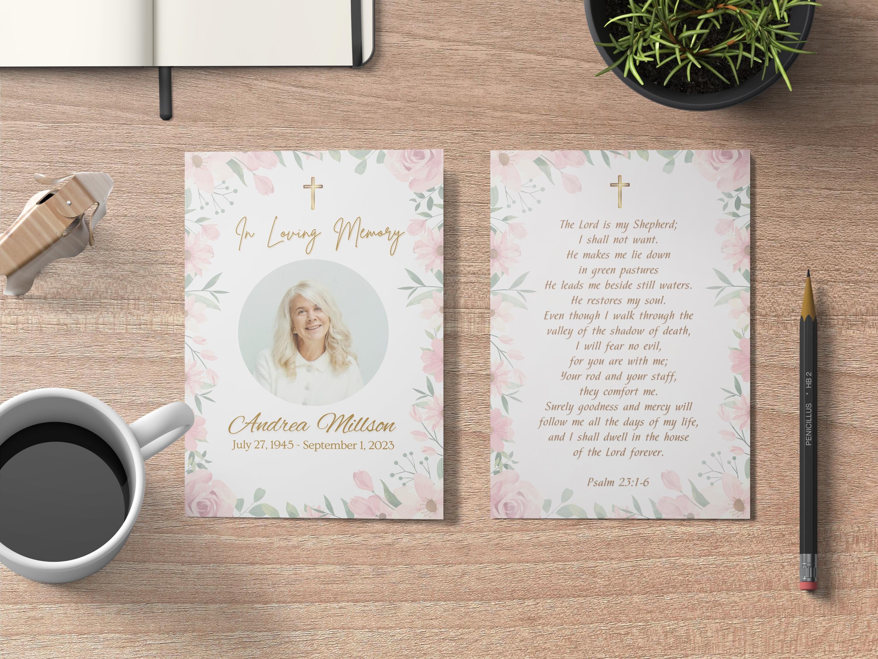 Pink Flower Border Editable Funeral Card Template, Memorial Prayer Card ...
