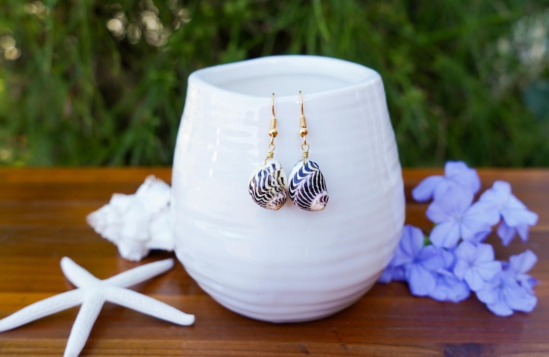 Zebra Striped Seashell Earrings: Black & White Shell Boho Beach Jewelry ...