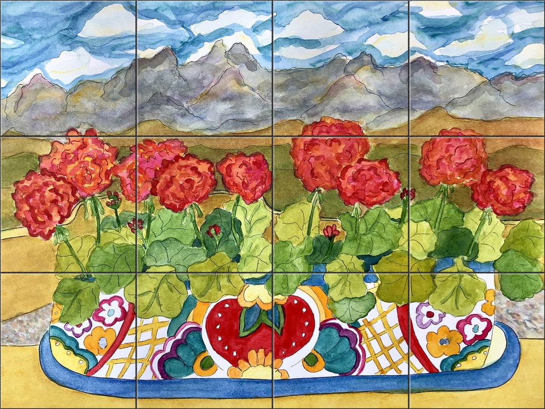 Geraniums and the Organ Mountains by Becki Thomas Tile Mural Backsplash ...