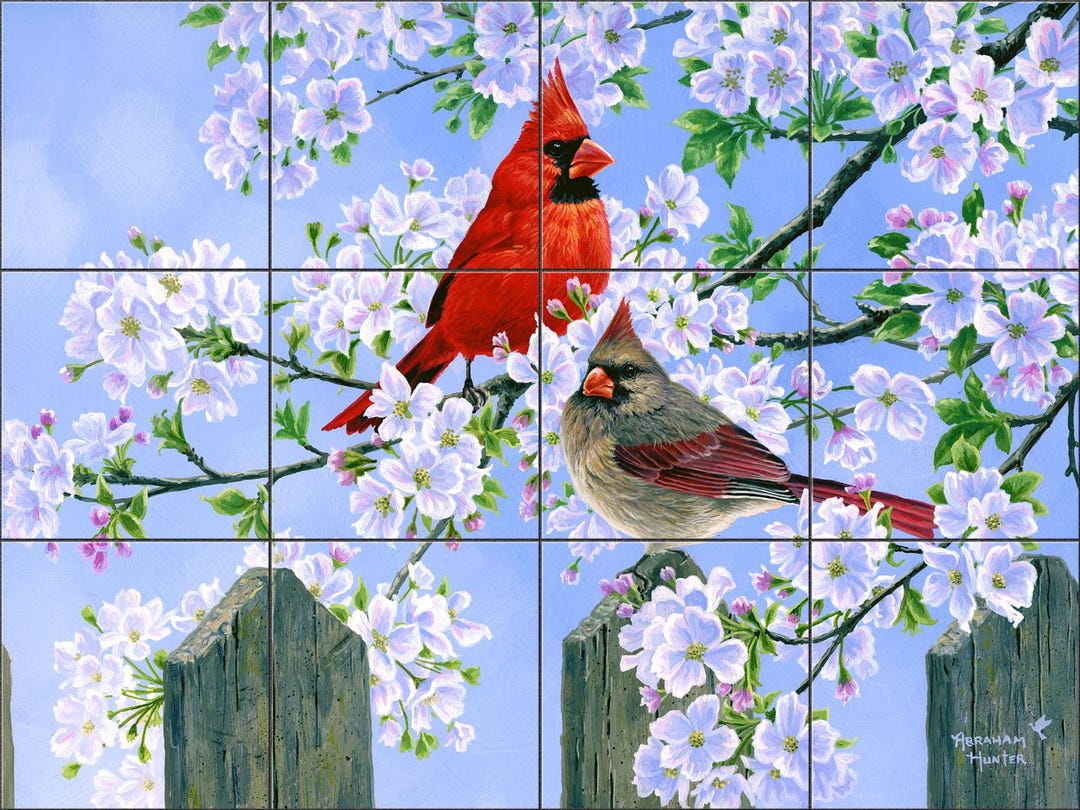 Glorious Morning-cardinals by Abraham Hunter Tile Mural Backsplash ...
