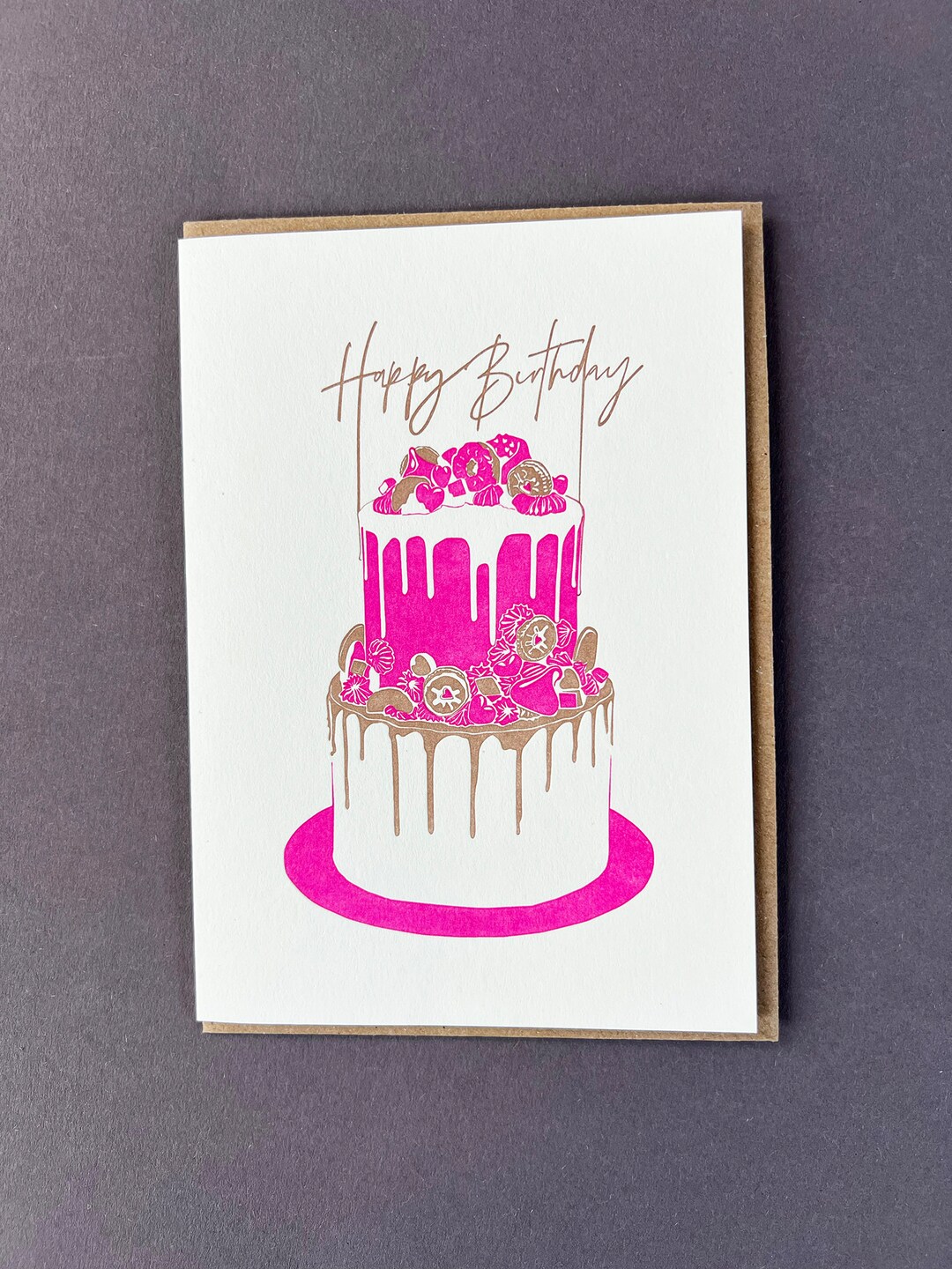 Fun Neon Pink Birthday Cake Card - Modern Letterpress Design - Etsy